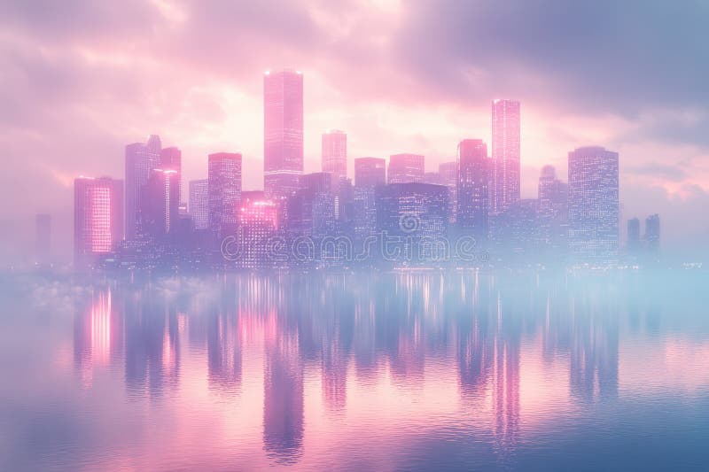 Pink Cityscape Skyline Reflection Dreamlike City at Sunset Stock ...