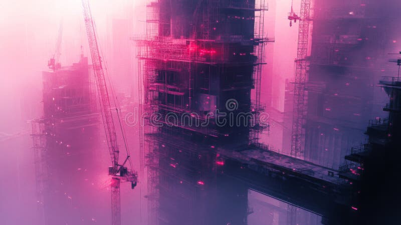 Pink Cityscape Under Construction Futuristic Towers Stock Illustration ...