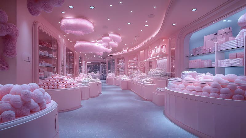 Pink Cloud-Shaped Light Fixtures in a Pastel Pink Store Interior 3D ...