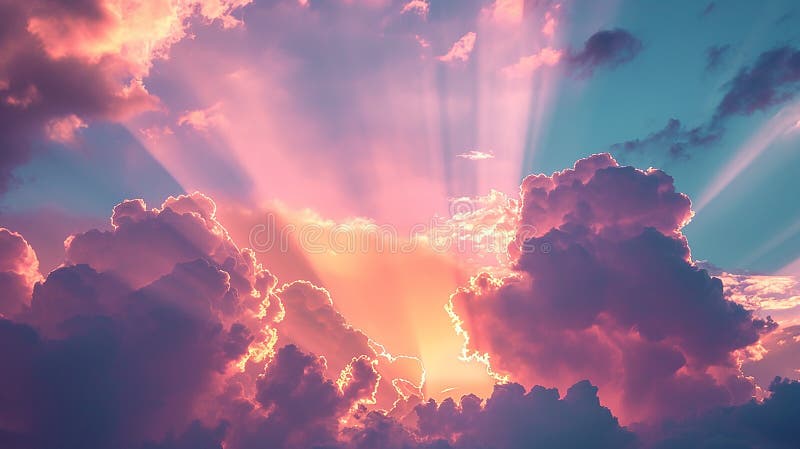 Pink Clouds at Dawn in Blue Sky, Sun Rays, Banner Format Stock ...