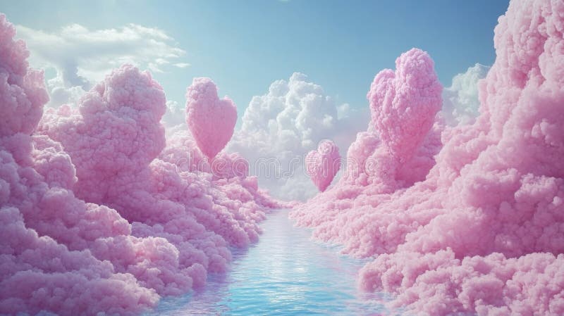 Pink Clouds Form Heart Shapes Above a Tranquil Blue River Stock ...
