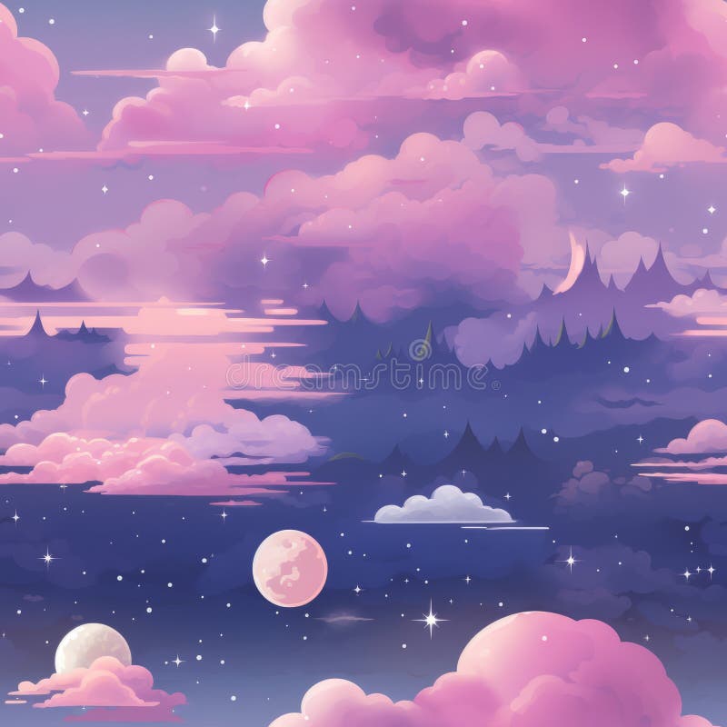 Pink Clouds and Moon in the Night Sky Stock Illustration - Illustration ...