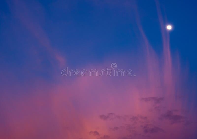 Pink Clouds and Moon in Sunset Sky Stock Image - Image of fluffy ...