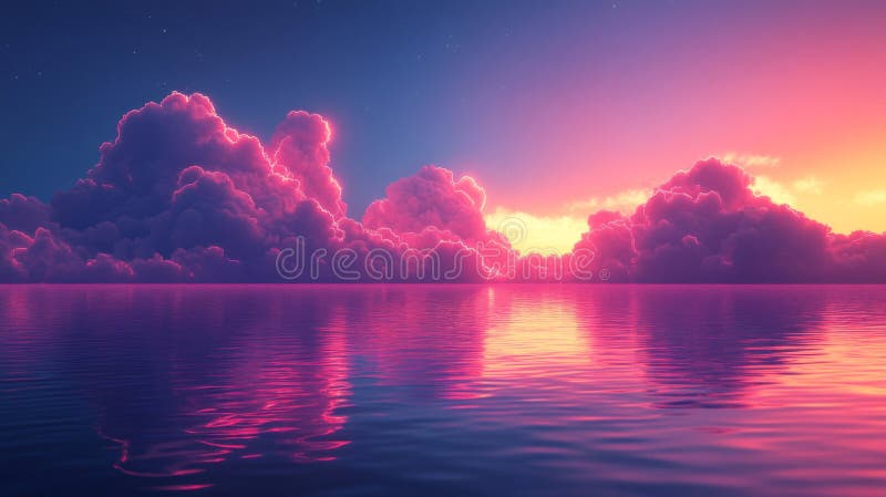 Pink Clouds Reflecting on Calm Ocean Water at Sunset Stock Illustration ...