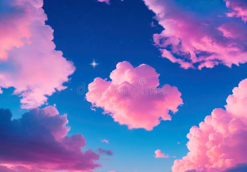 Pink Clouds and Star Blue Sky Cute Aesthetic Wallpaper Stock ...