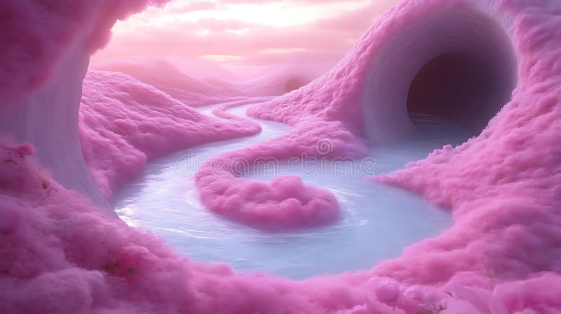 Pink Cloudscape River Flows through Dreamlike Valley Stock Illustration ...