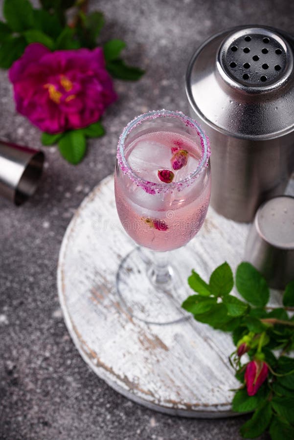 Pink Cocktail with Champagne and Rose Syrup Stock Image - Image of ...