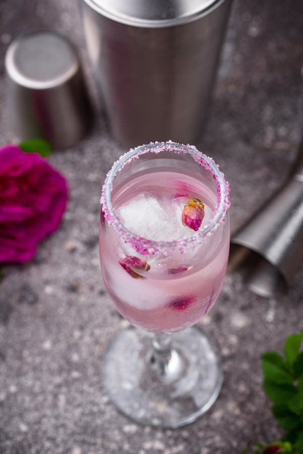 Pink Cocktail with Champagne and Rose Syrup Stock Photo - Image of ...