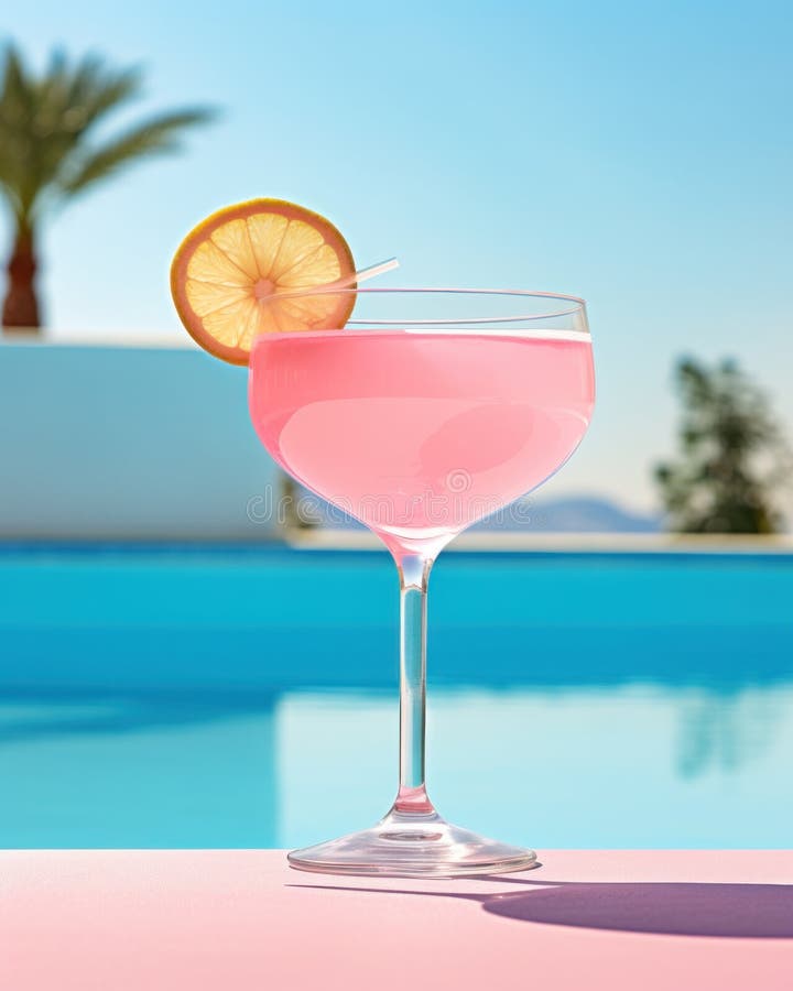 Pink Cocktail with Lemon Wedge Sitting on the Pool Table Stock Photo ...