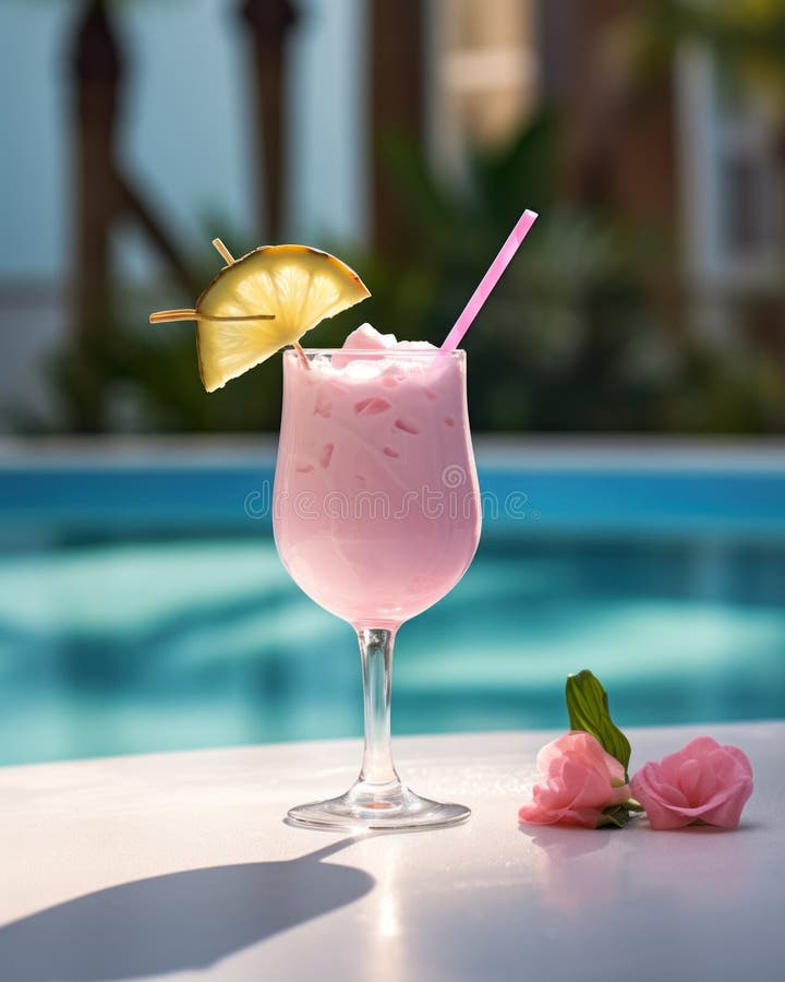 Pink Cocktail with Lemon Wedge Sitting on the Pool Table Stock Image ...