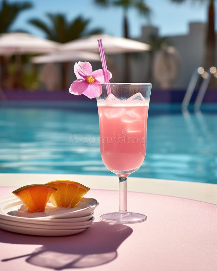 Pink Cocktail with Lemon Wedge Sitting on the Pool Table Stock Photo ...