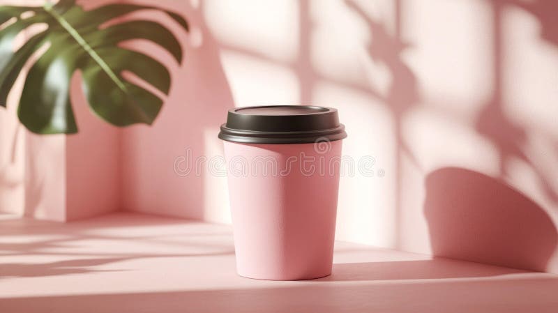 Pink Coffee Cup with Black Lid on Pink Surface Stock Illustration ...