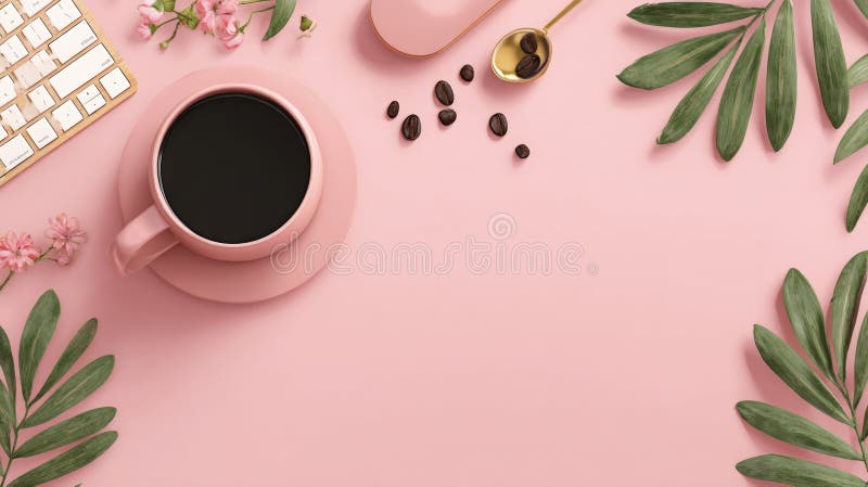 Pink Coffee Cup Next To a Keyboard on a Matching Pink Desk Surface ...