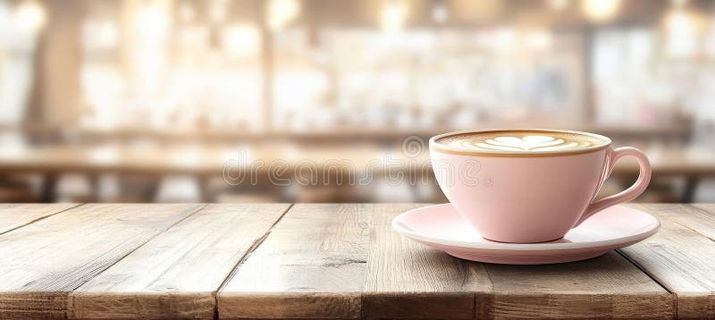 Pink Coffee Cup on Rustic Wood Table in Cozy Cafe , Cafe Interior ...