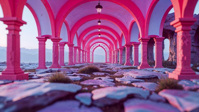 Pink Colonnade with Arches Creating a Tunnel Effect in a Surreal ...