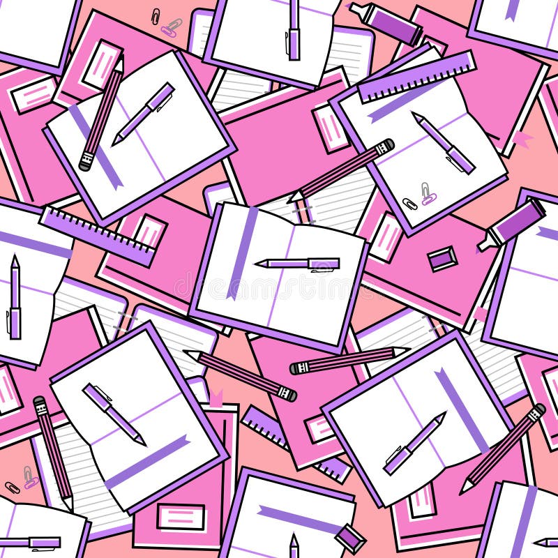 Pink Color Books Pattern, Notebooks, Pens, Vector Seamless Pattern ...