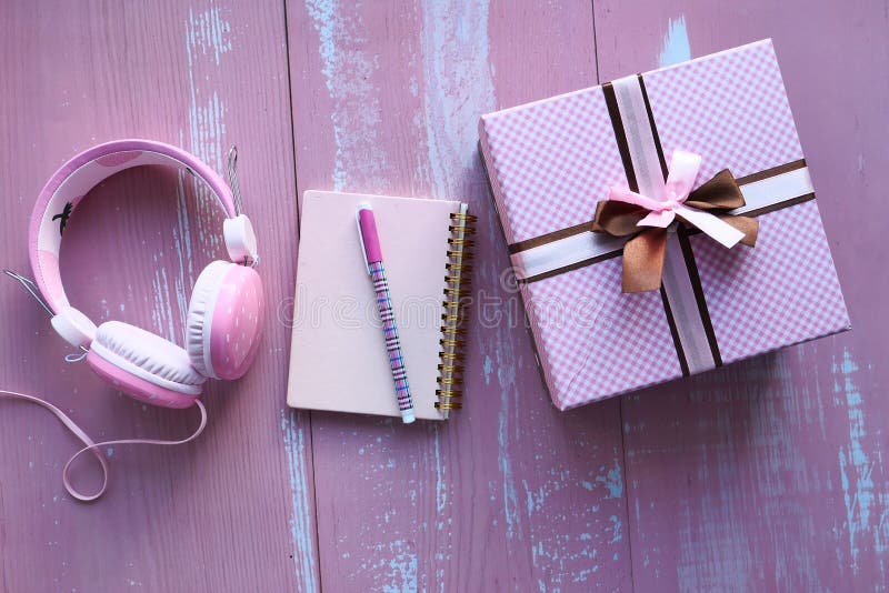 Pink Color Gift Box and Notepad on Table Stock Photo - Image of notepad ...