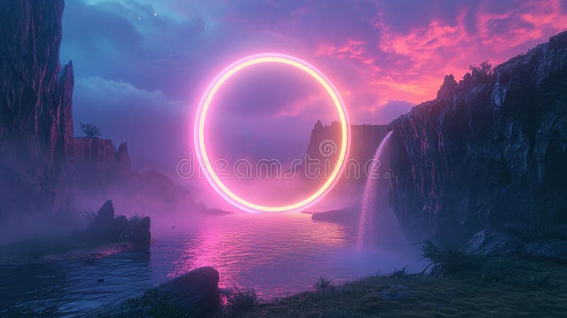 Pink Color Glowing Neon Circle on Dark Landscape Stock Image - Image of ...