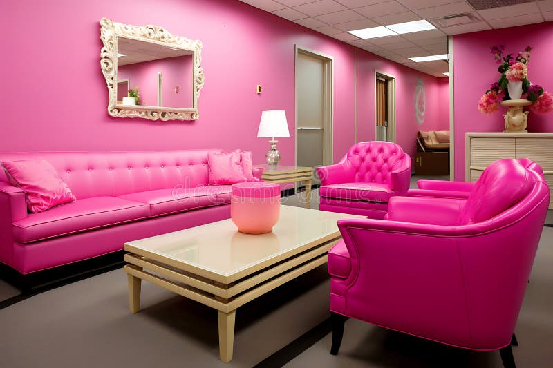 Pink Color Office Room Interior Design Stock Image - Image of desk ...