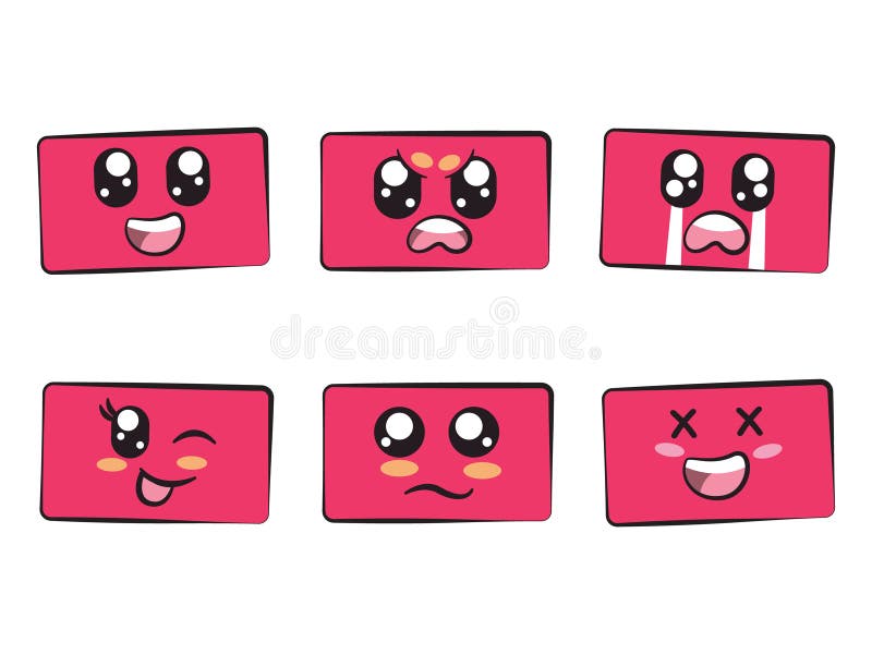 Pink Color Rectangle Shape with Expression Smile Angry Crying Wink Eye ...