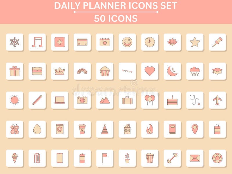 Pink Color Set of daily Planner Icons in Flat Stock Illustration ...