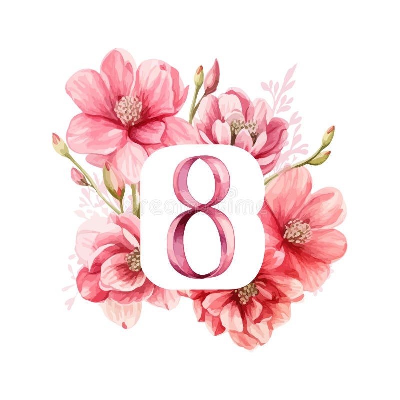 Pink Composition of March 8 with Watercolor Flowers. Vector ...
