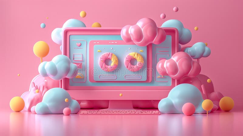 Pink Computer with Donuts Surrounded by Clouds and Spheres Stock Image ...