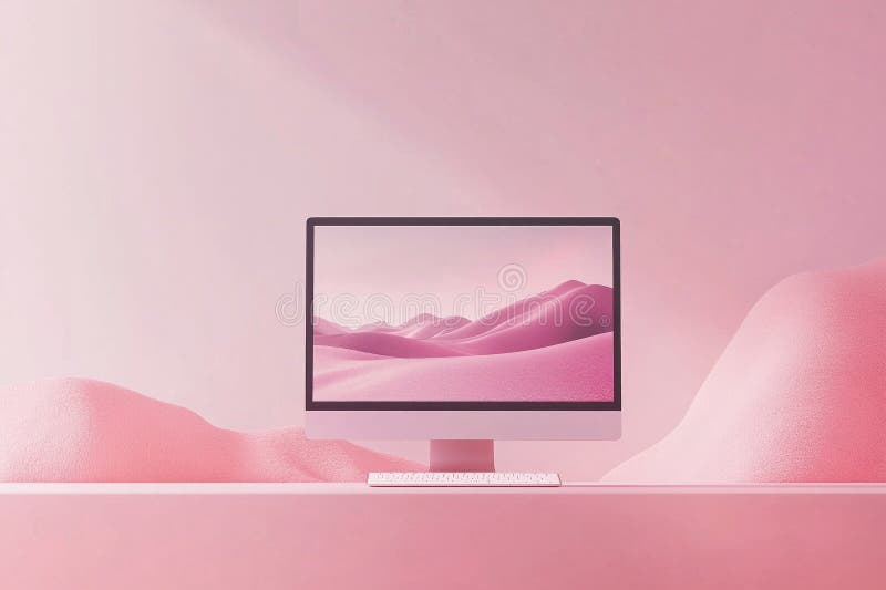 Pink Computer Monitor with Soft Pink Landscape Background Stock Photo ...