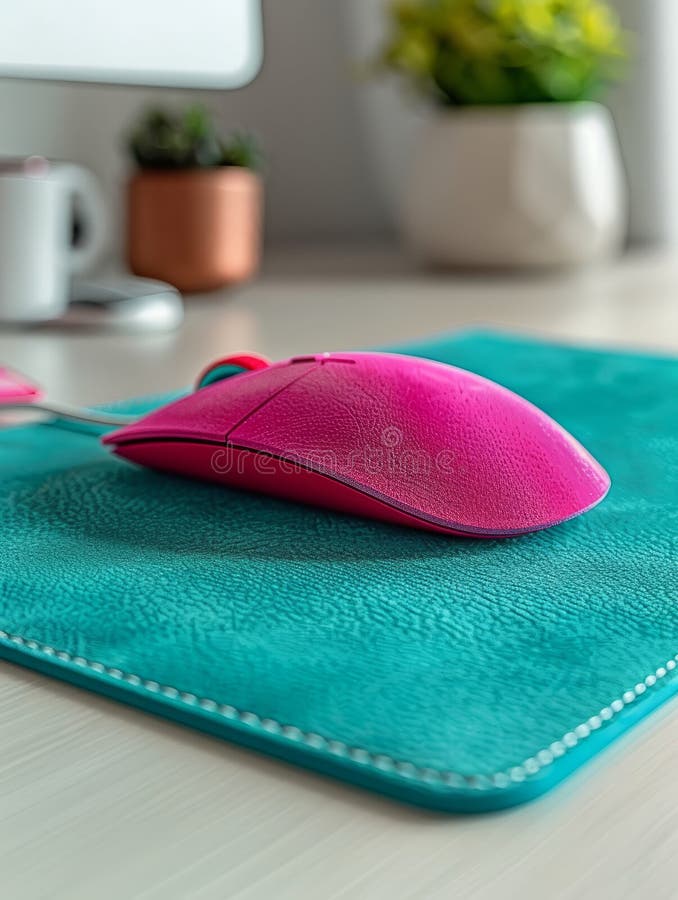 Pink Computer Mouse on a Teal Mouse Pad on a Modern Office Desk. Stock ...