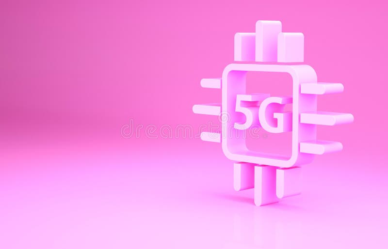 Pink Computer Processor 5G with Microcircuits CPU Icon Isolated on Blue Background. Chip or Cpu ...