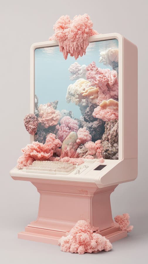 A Pink Computer Setup Features Vibrant Coral Reefs within Its Screen ...