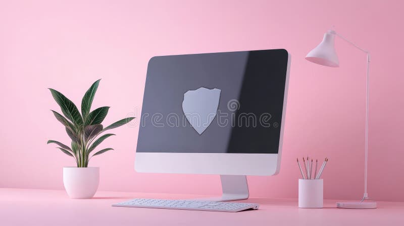 A Pink Computer with a Shield Symbol on the Screen Representing ...