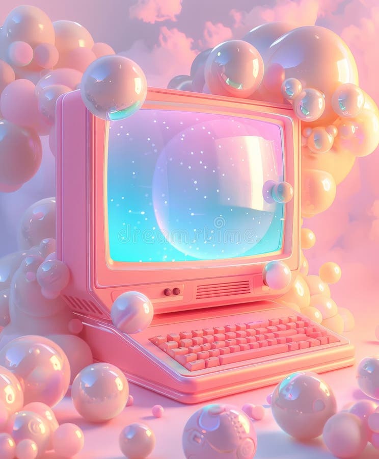 Pink Computer Surrounded by Bubbles Stock Illustration - Illustration ...