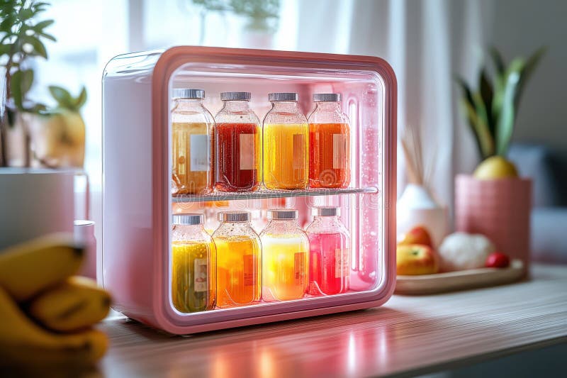 A Pink Cooler with a Variety of Fruit Juices Inside Stock Photo - Image ...