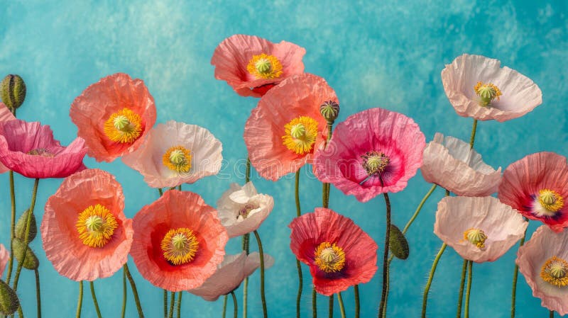Pink Coral White Poppies on Blue Background Stock Illustration ...