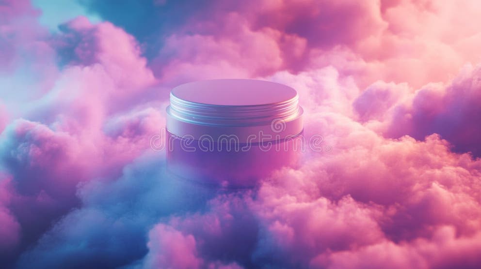 Pink Cosmetic Container on a Cloud-Like Platform with Neon Lighting ...