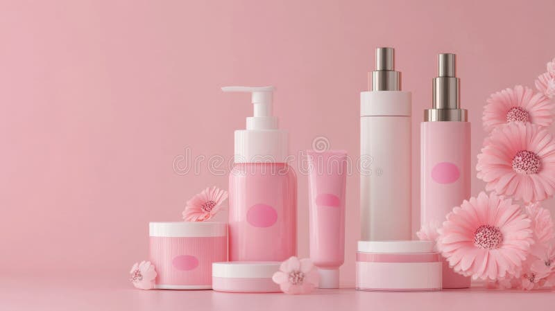 Pink Cosmetic Products with Flowers on Pink Background Stock ...