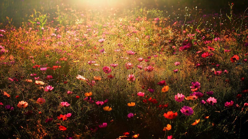 Pink Cosmos Fields in Backlit Scenery, Clouded Sky. Stock Illustration ...
