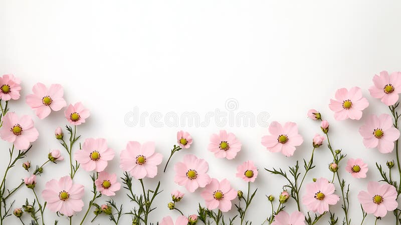 Pink Cosmos Flowers on White Background Flat Lay Stock Illustration ...