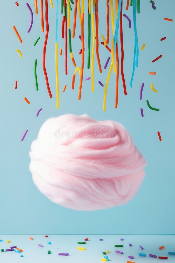 Pink Cotton Candy with Falling Confetti on Soft Blue Background Stock ...