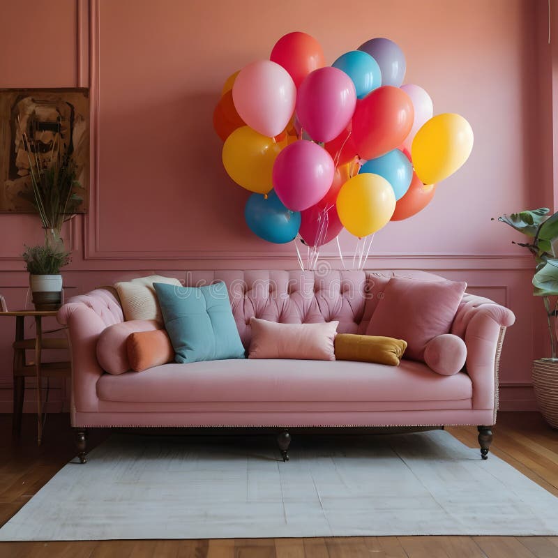 A Pink Couch with Colorful Balloons on it Stock Illustration ...