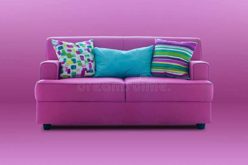 Pink Couch with Colourful Pillows Stock Photo - Image of cutout ...