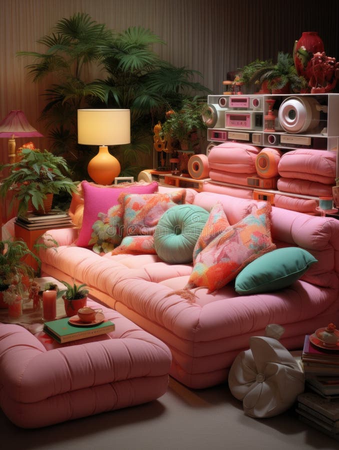 A Pink Couch with Many Pillows and Other Items, AI Stock Image - Image ...