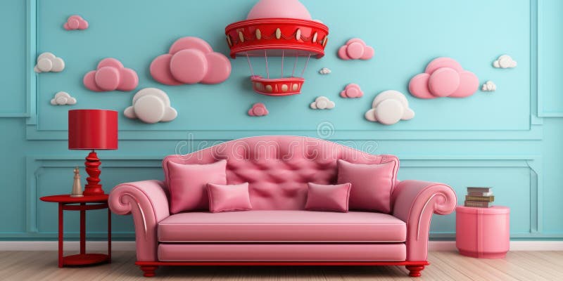 A Pink Couch and a Pink Wall with Clouds. Generative AI Image. Stock ...