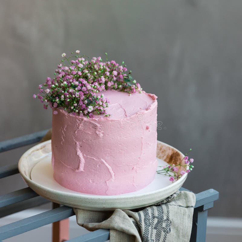Pink Cream Cake Decorated with Small Flowers Stock Photo - Image of ...