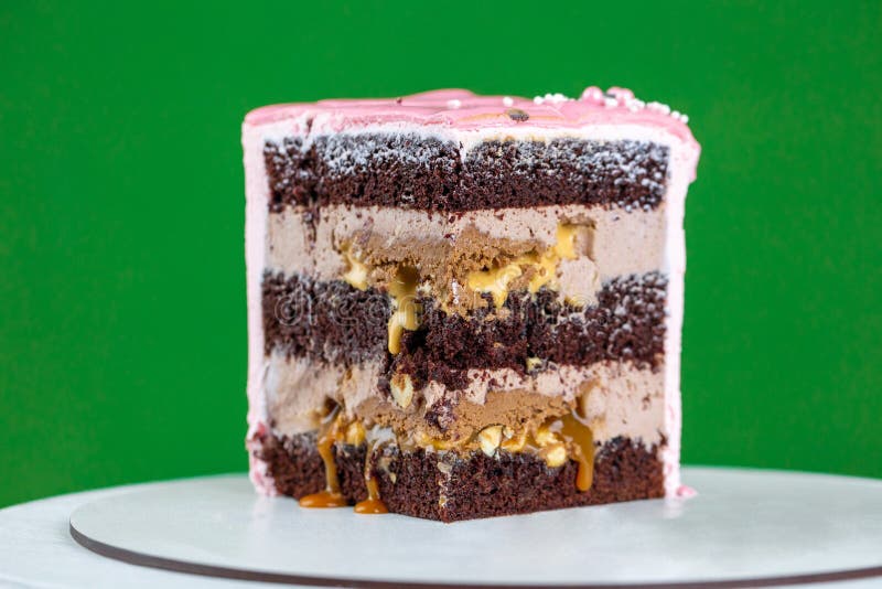 Pink Cream Cheese Cake Slice with Chocolate Chip Gouges Decorated with ...