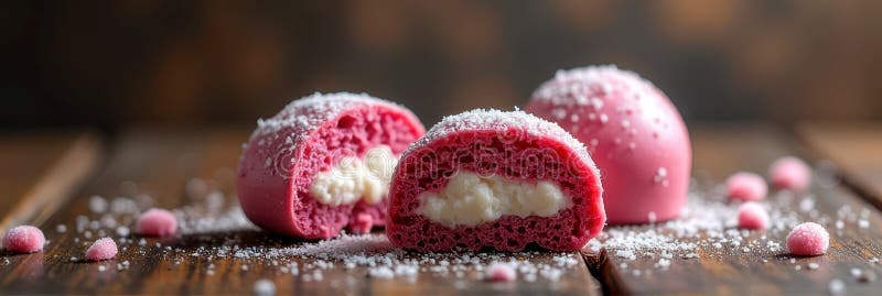 Pink Cream-filled Pastry with Powdered Sugar on Wooden Table Stock ...