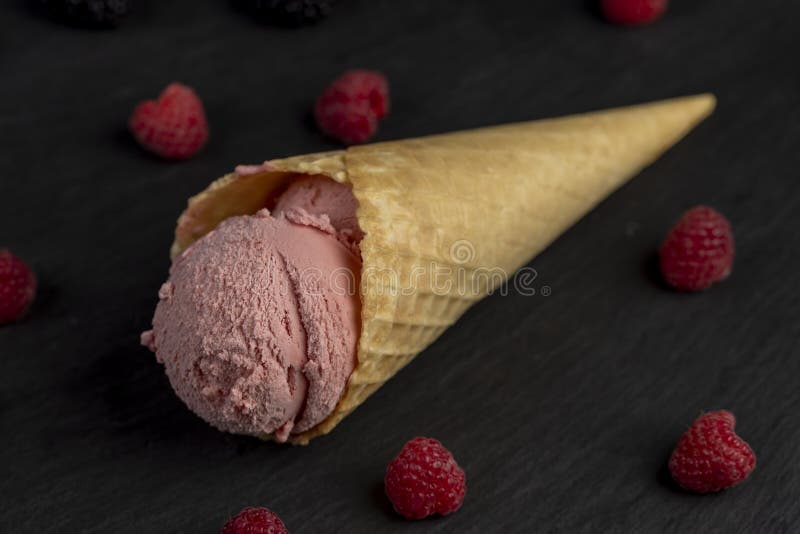 Pink Creamy Raspberry Flavored Ice Cream with Red Raspberry Berries ...