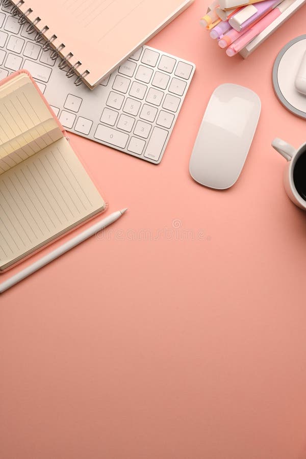 Pink Creative Study Table with Computer Keyboard, Mouse, Stationery and ...