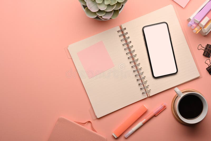 Pink Creative Study Table with Smartphone, Computer Keyboard, Coffee ...